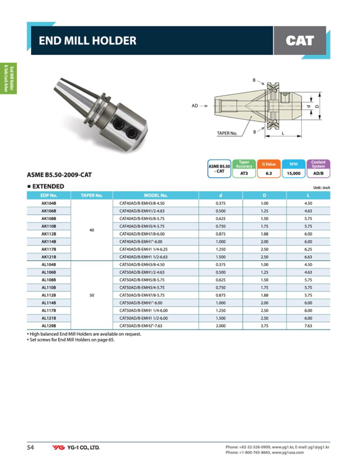 CAT50 1/2" End Mill Holder, Extended 4.63" Gage Length, Standard 15,000 ...
